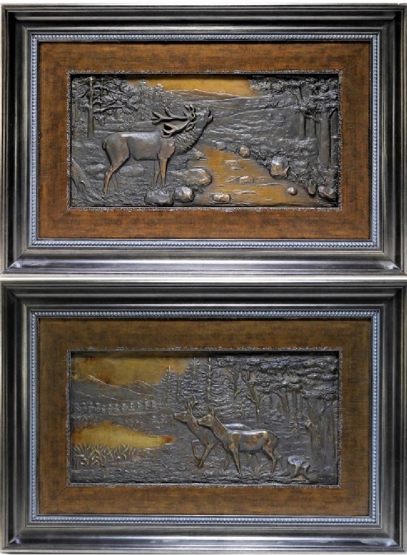 Pr American Bronze Relief Deer & Moose Plaques
