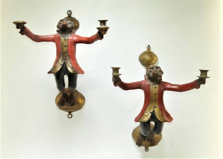 Pr Whimsical Carved Wood Monkey Wall Sconces
