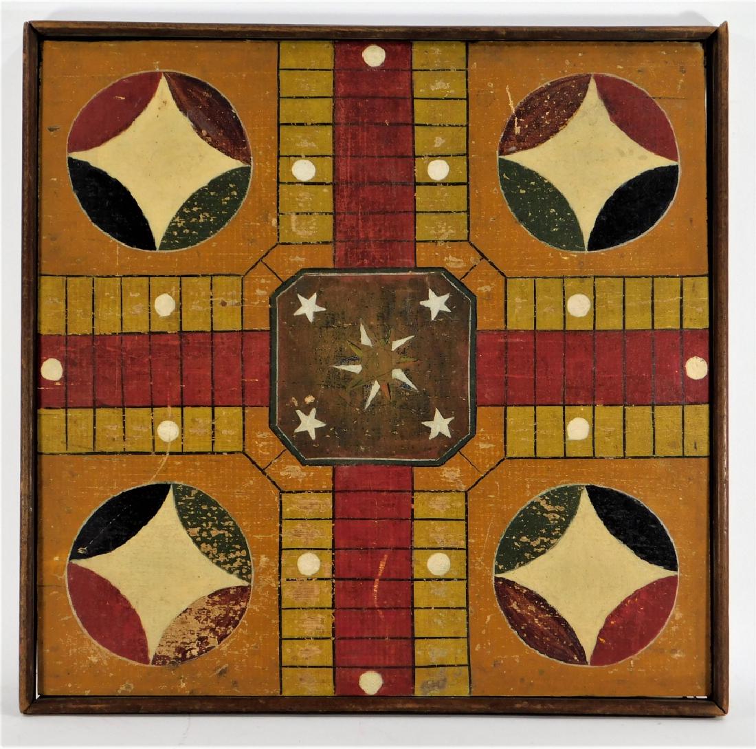 19c American Folk Polychrome Parcheesi Game Board