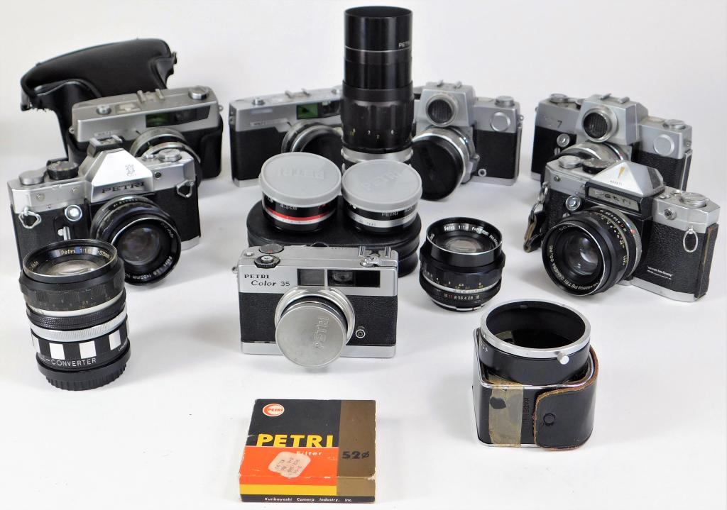 Group Of 7 Petri 35mm Cameras And Accessories