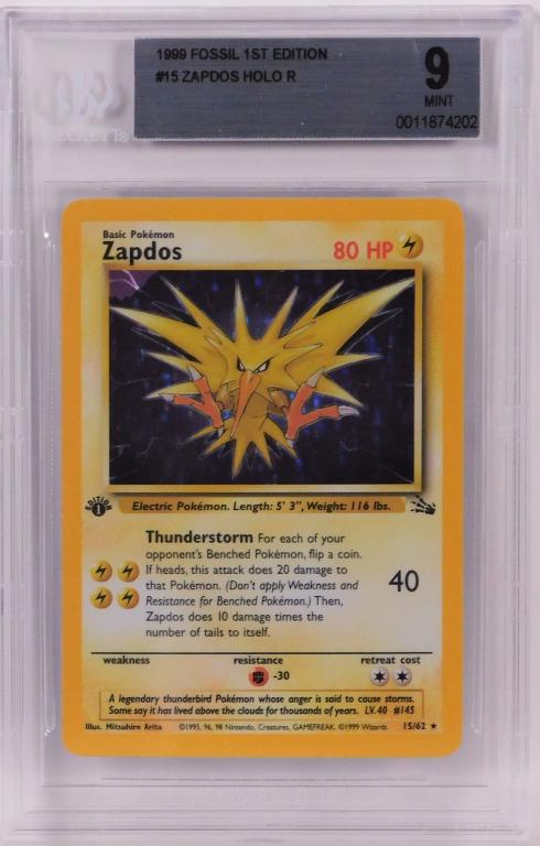 1999 Pokemon Fossil 1st Ed. Zapdos Bgs 9 Tcg Card