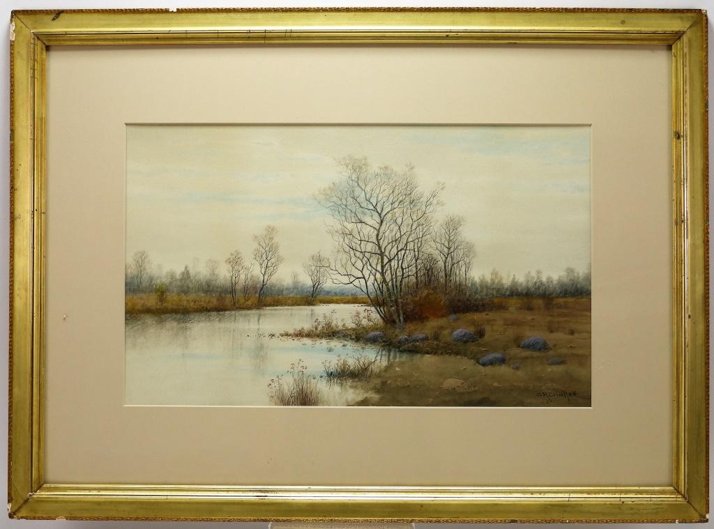 Samuel R. Chaffee River Landscape Wc Painting