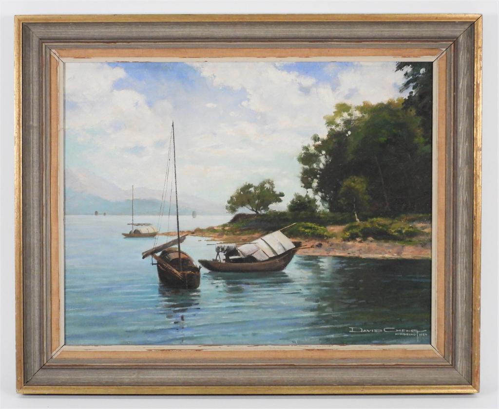 David Cheng Hong Kong Boats Painting Auction