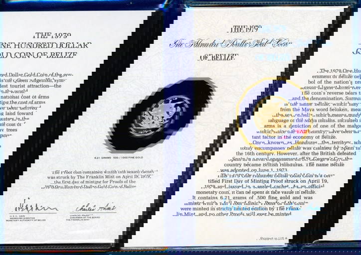 1979 Belize $100 Gold Proof Coin