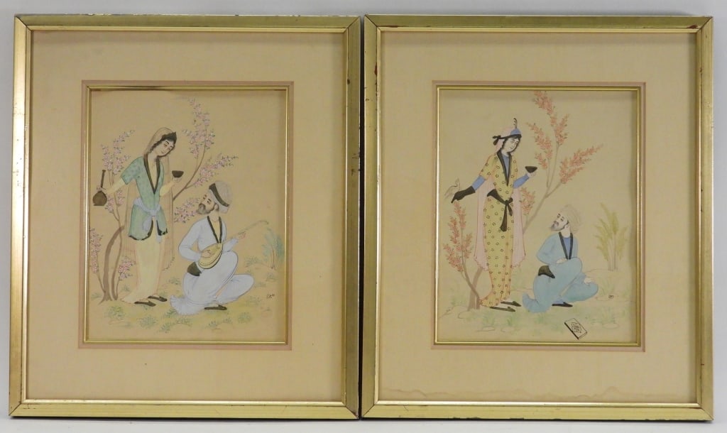 Pr Mughal India Courting Scene Wc Paintings Auction
