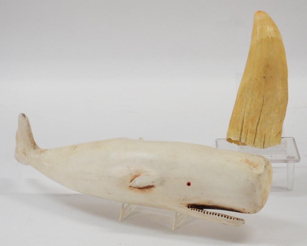2pc Carved Whale Sculpture & Whale Tooth Auction