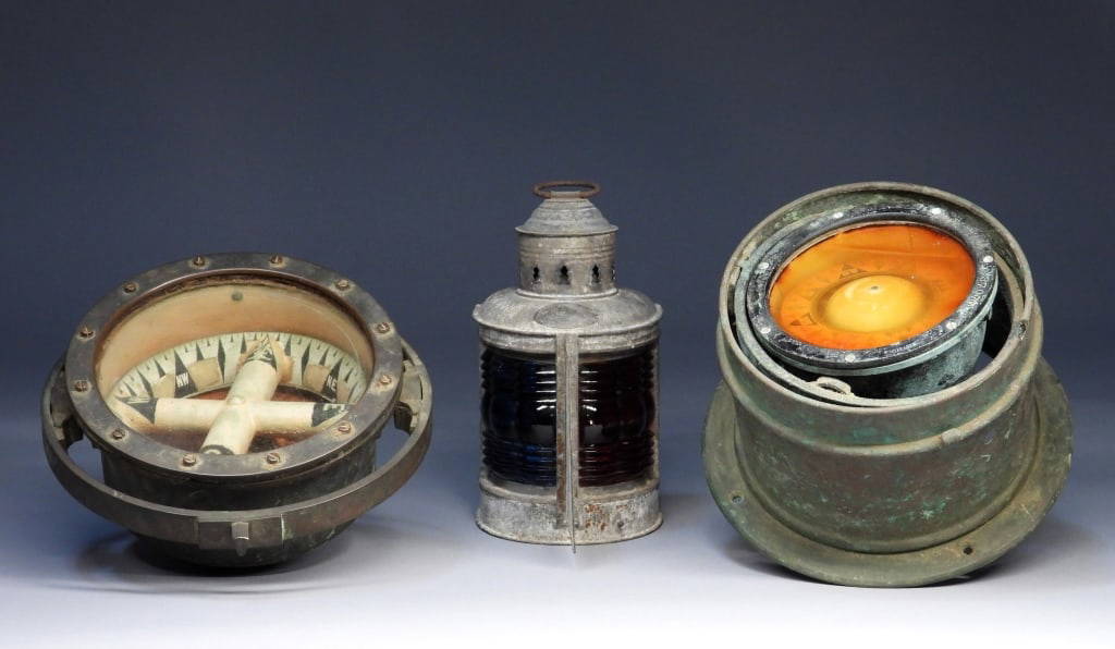 3pc Compass Binnacle Navigation Instruments & Lamp Auction