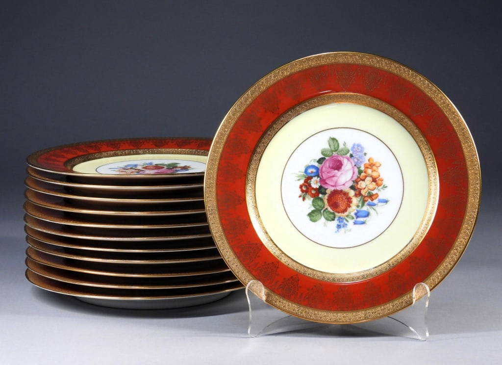 12pc Limoges Botanical Red Rim Plates Auction