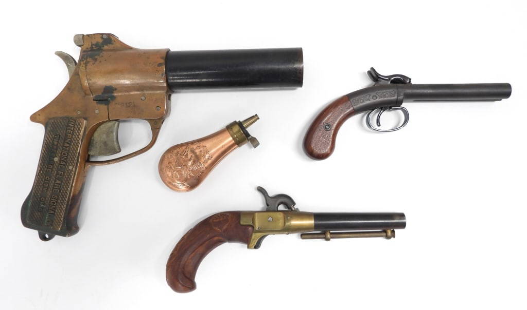 Group Of Pistols Flare Gun And Flask Auction
