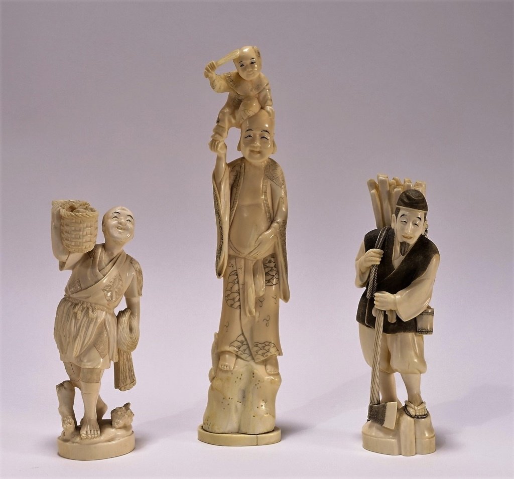 3 Japanese Carved Ivory Genre Male Figure