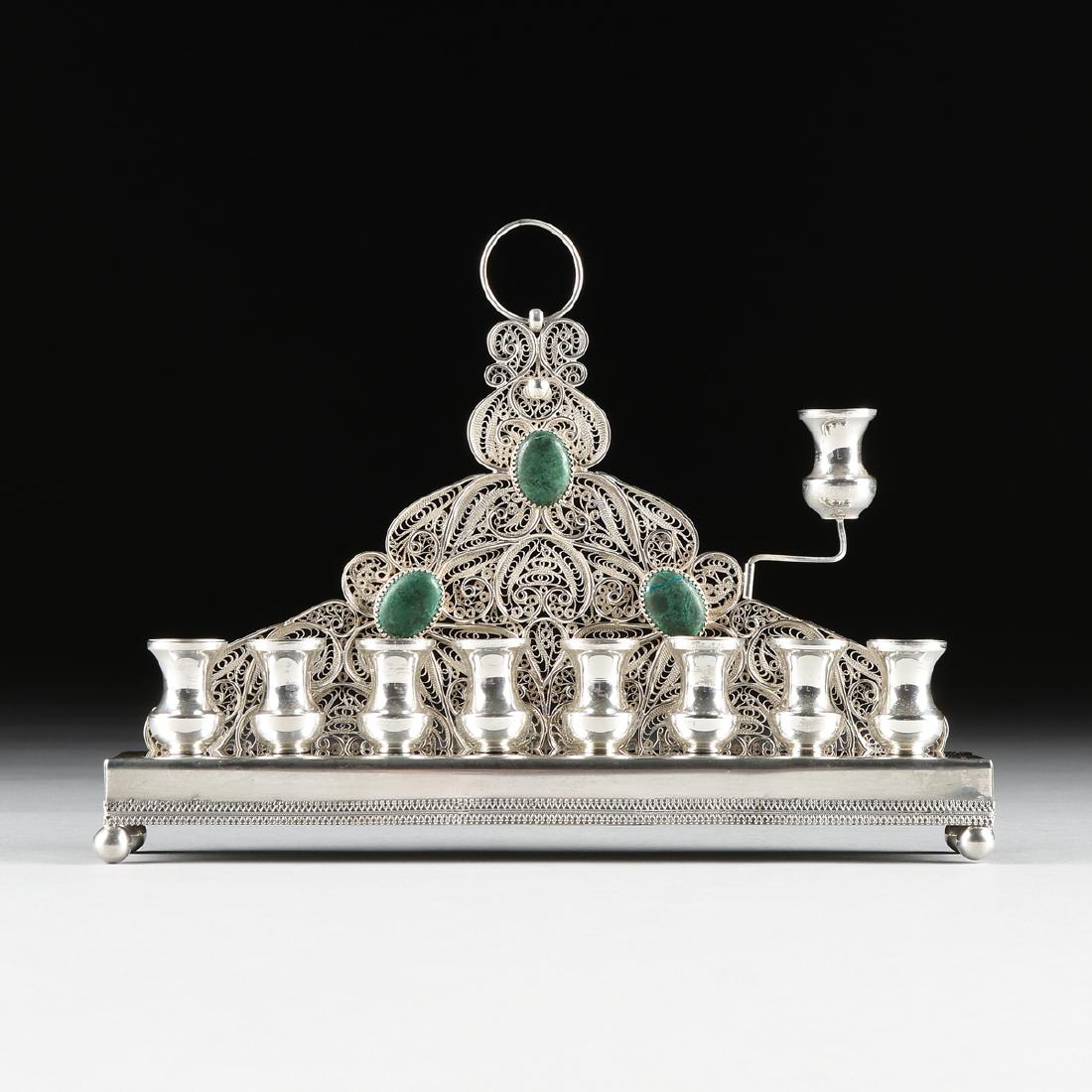 A STERLING SILVER FILIGREE AND EILAT STONE MENORAH, MID