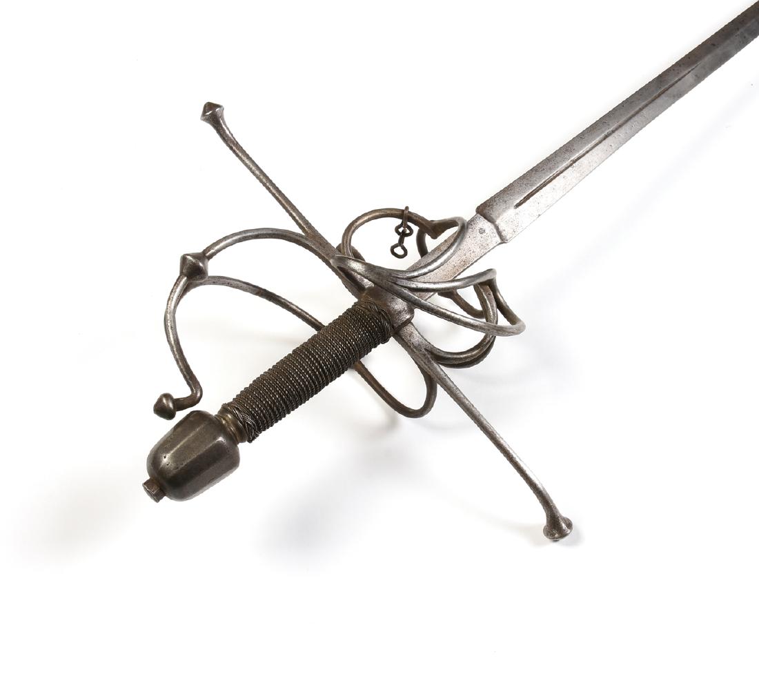 A MEDIEVAL STYLE CAGE HILT DOUBLE EDGED RAPIER,
