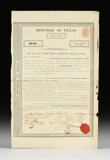 Sam Houston, Signed, Republic Of Texas Land Scrip, Colombia And New ...