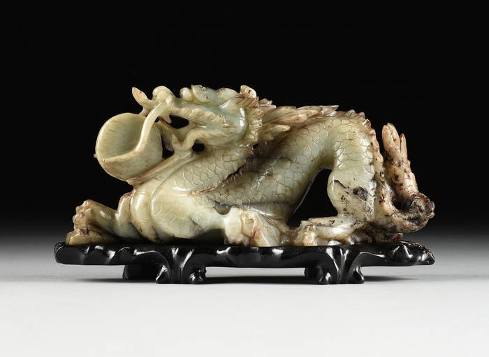 A Vintage Chinese Jade Dragon On Stand, 20th Century,