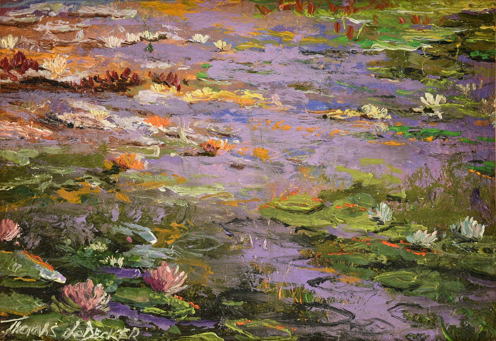 Thomas De Decker (american B. 1951) A Painting, "pink Pond Flowers ...