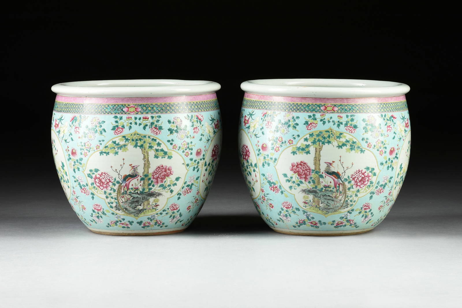 A Pair Of Qing Dynasty Famille Rose "bird And Insect" Turquoise Ground ...