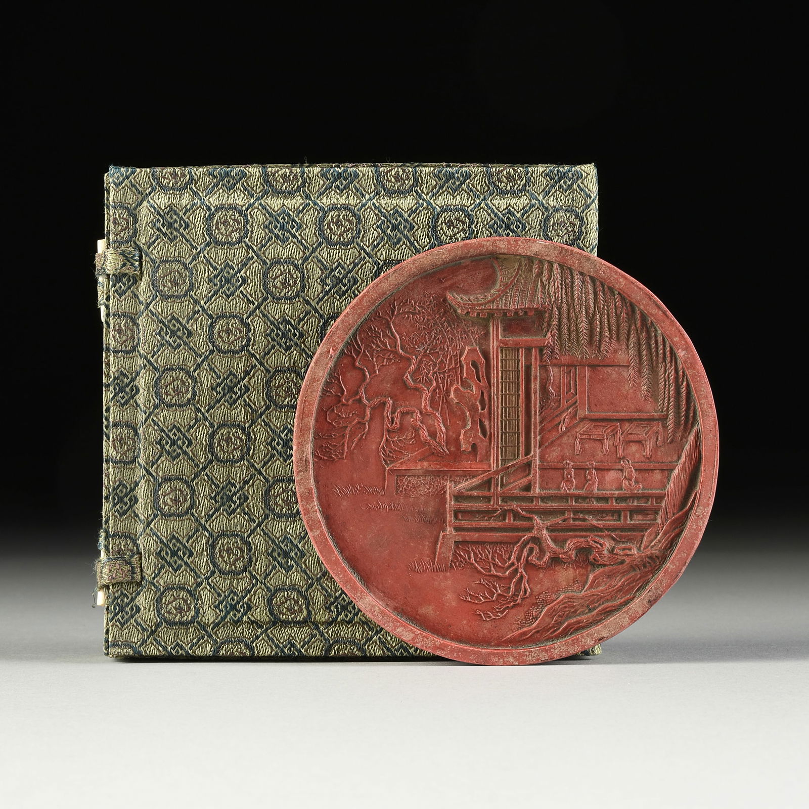 A Chinese Cinnabar Red Ink Cake, Three Beauties In Garden Pavilion ...