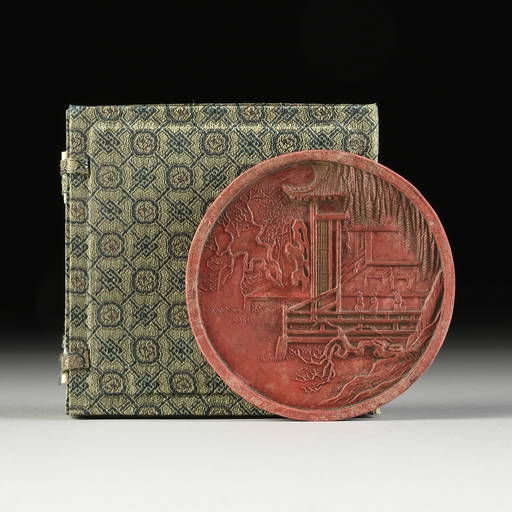 A Chinese Cinnabar Red Ink Cake, Three Beauties In Garden Pavilion ...