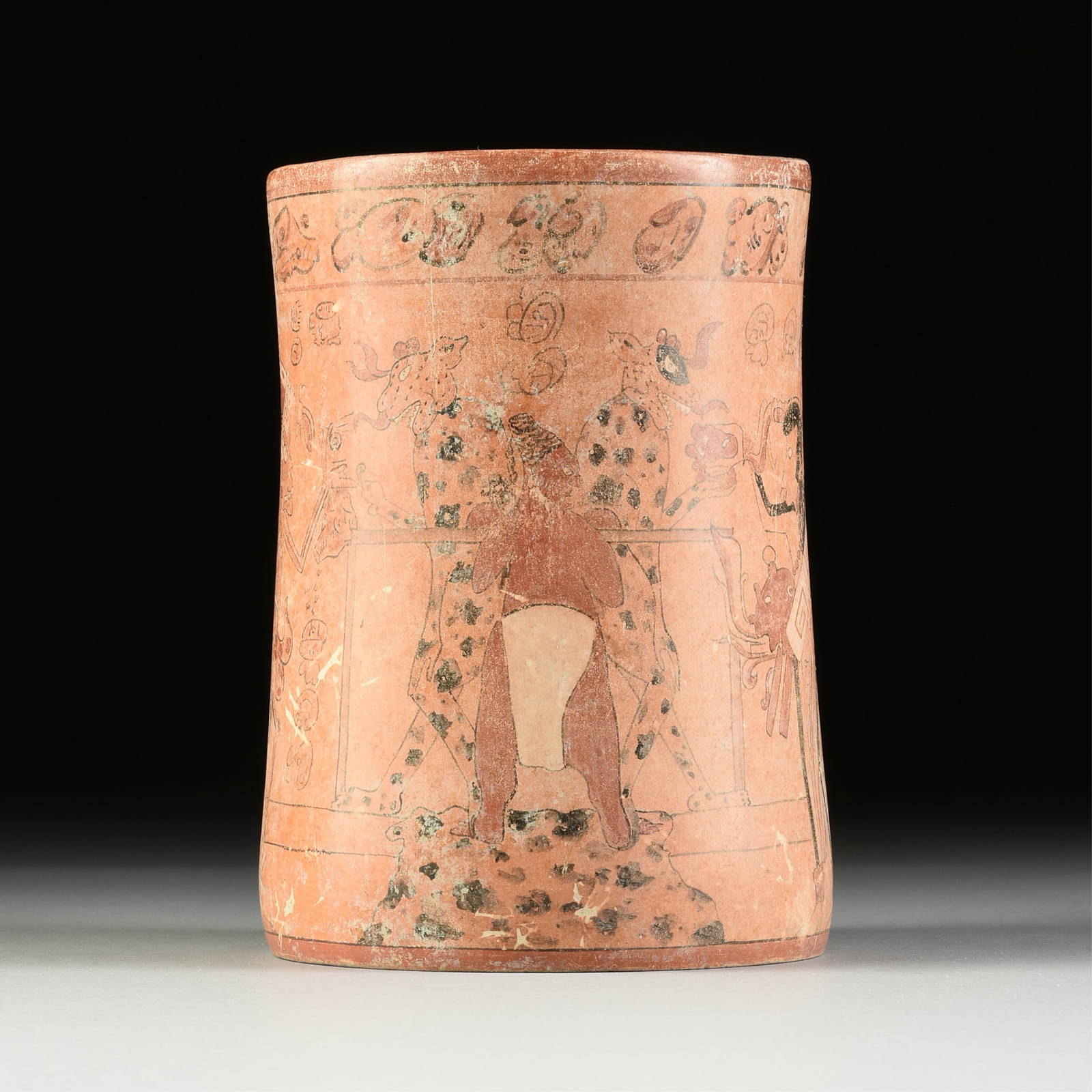 A Mayan Codex Style Terracotta Cylinder Vase, Offering Baby To Two ...