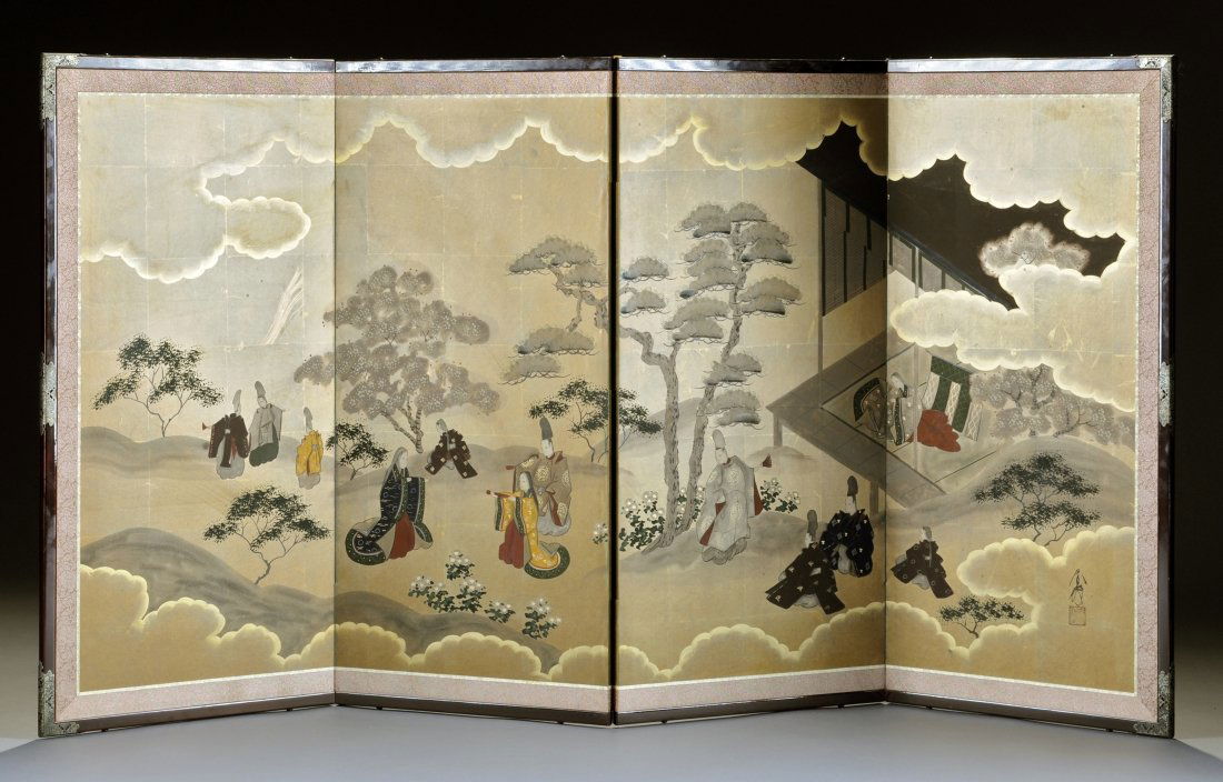 A Japanese Four Panel Silk Table Screen, Late 20th Cent