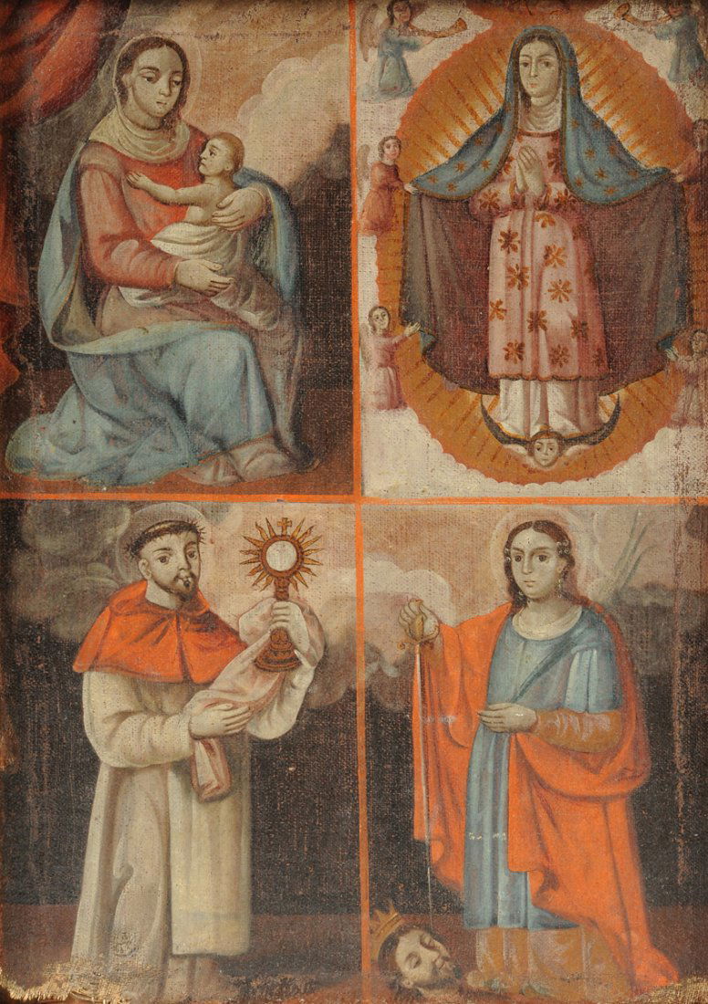 A SPANISH COLONIAL POLYCHROME RETABLO ON CANVAS,