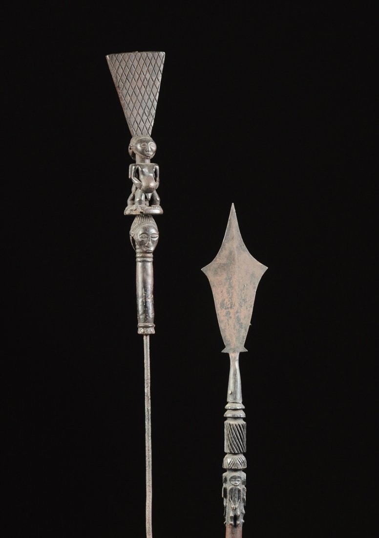 TWO AFRICAN TRIBAL CARVED WOOD CEREMONIAL STAFFS,