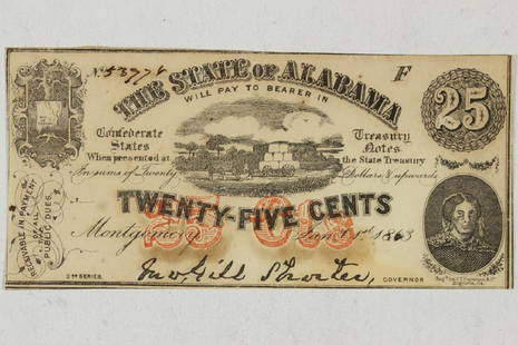 1863 State Of Alabama Confederate States .25 Cent Note