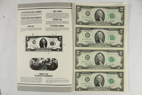 Uncut Sheet Of 4 Notes. 1976 $2 Star Notes. Crisp Unc. Rare!