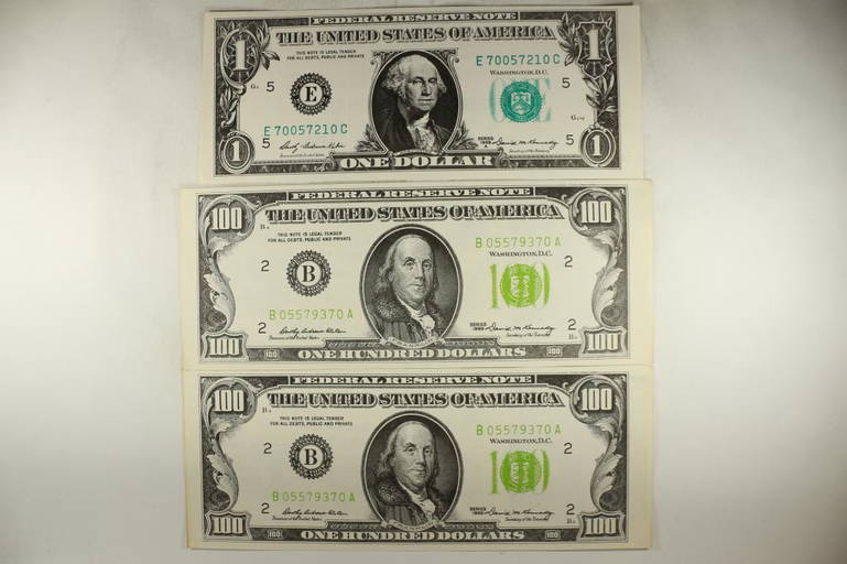 3 4'' X 10 1/4'' Political Bills 1 $1 & 2 $100's