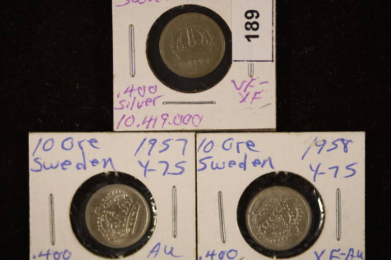 1948, 1957 & 1958 Sweden Silver 10 Ore Coins