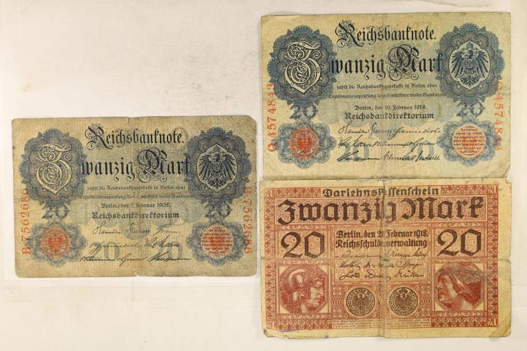 1908, 1914 & 1918 German 20 Mark Bills