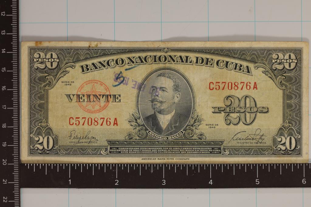 1949 Cuba 20 Peso Bill. Ink & Stamp On Obverse Auction