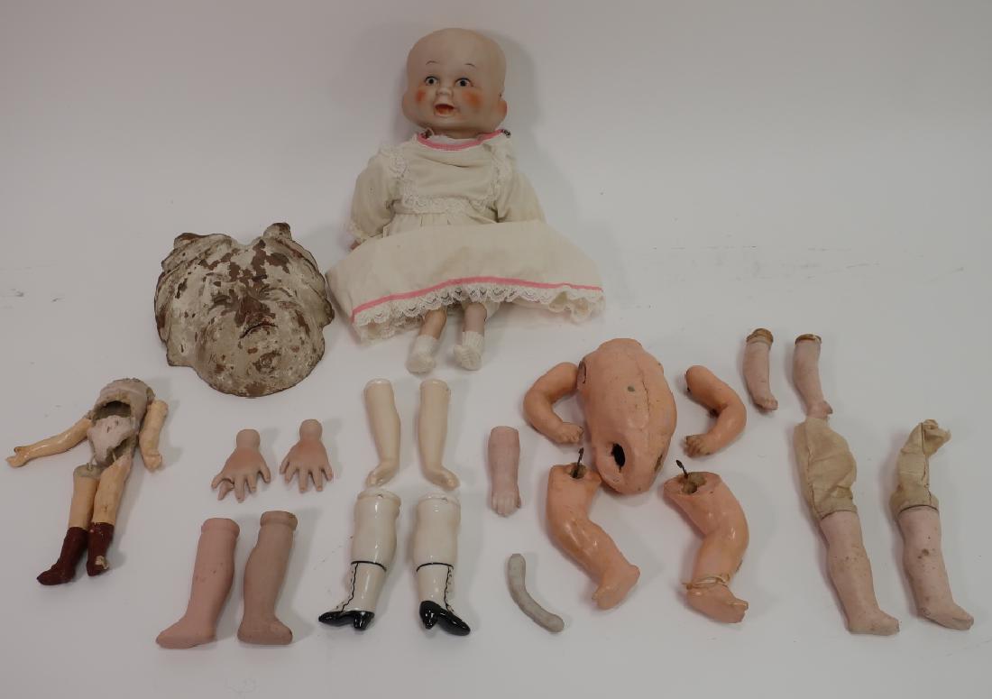 Porcelain 3 Faced Doll, Wood Carved Putti