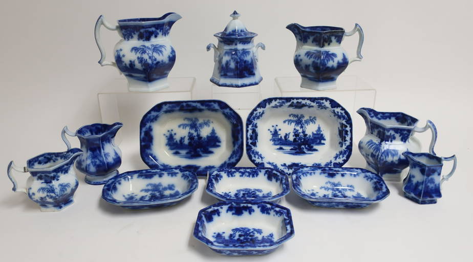 13 Flow Blue 'scinde' Transferware Vessels, 19th C
