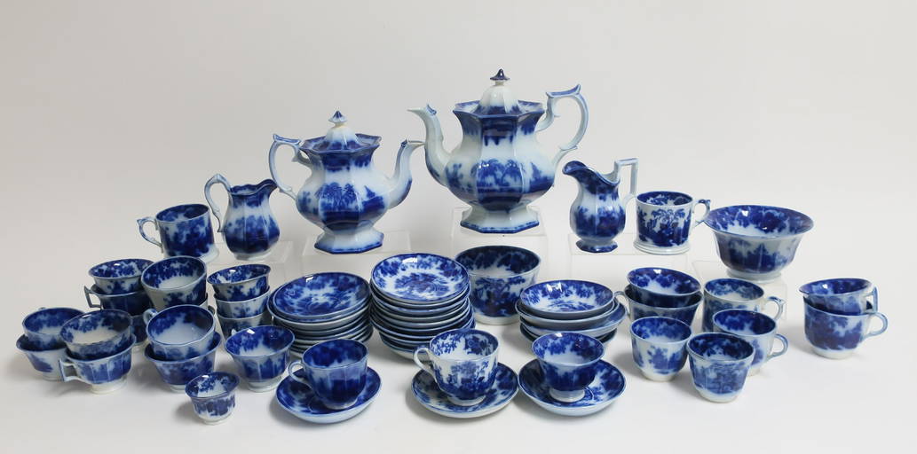 Flow Blue 'scinde' Transferware Teawares, 19th C.