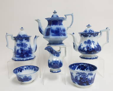 Flow Blue 'scinde' Transferware Teawares, 19th C.