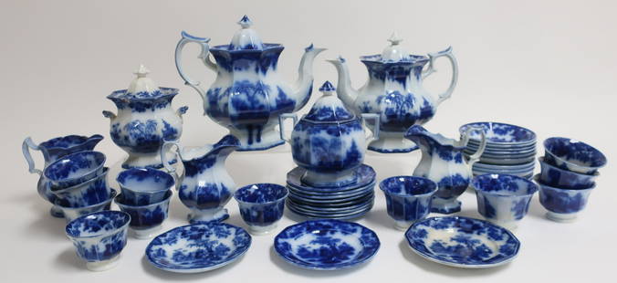 Flow Blue 'scinde' Transferware Tea Wares, 19th C.