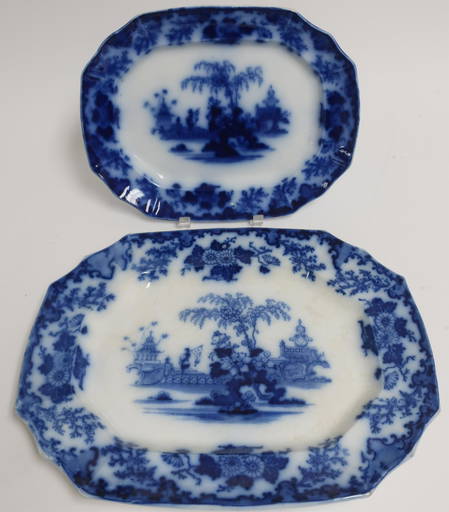 2 Flow Blue 'scinde' Transferware Platters, 19th C