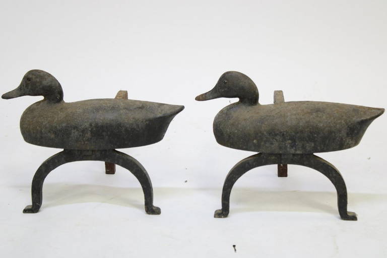 Pair Cast Iron Duck Andirons