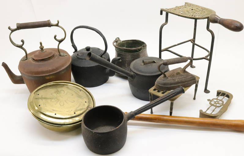 Assortment Antique Metal: Kettles, Pot Stands