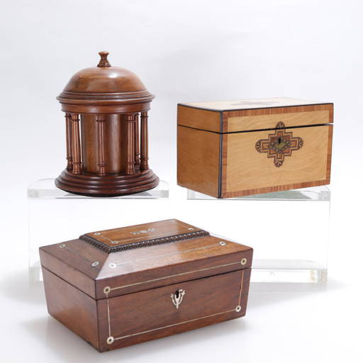 Antique And Rotunda Form Tea Caddies; Table Box