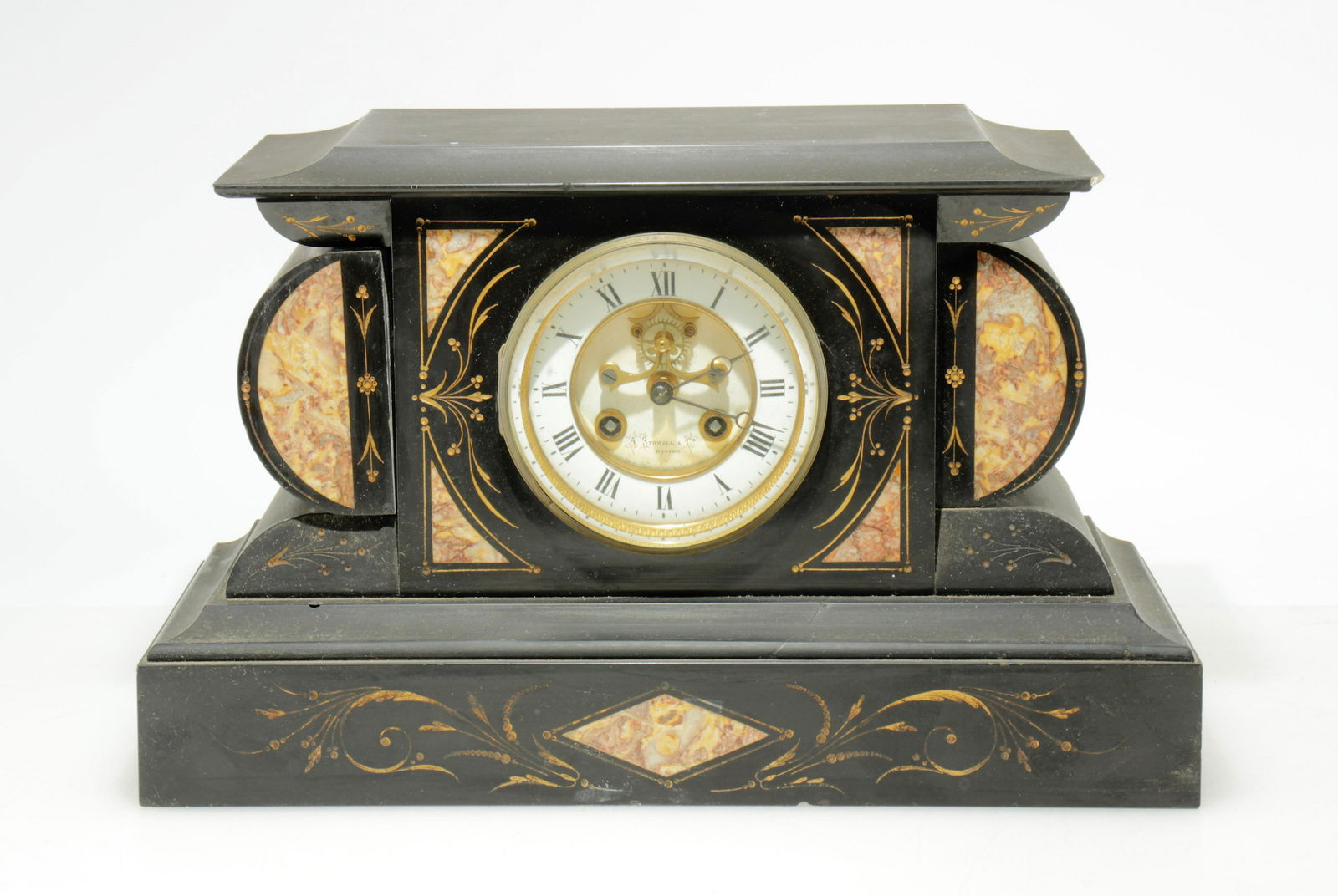 A. Stowell & Co. Inlaid Black Marble Mantel Clock