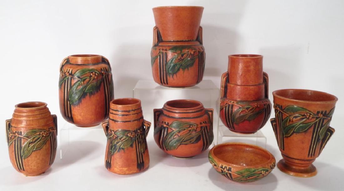 8 Roseville Red 'laurel' Pattern Pottery Pieces