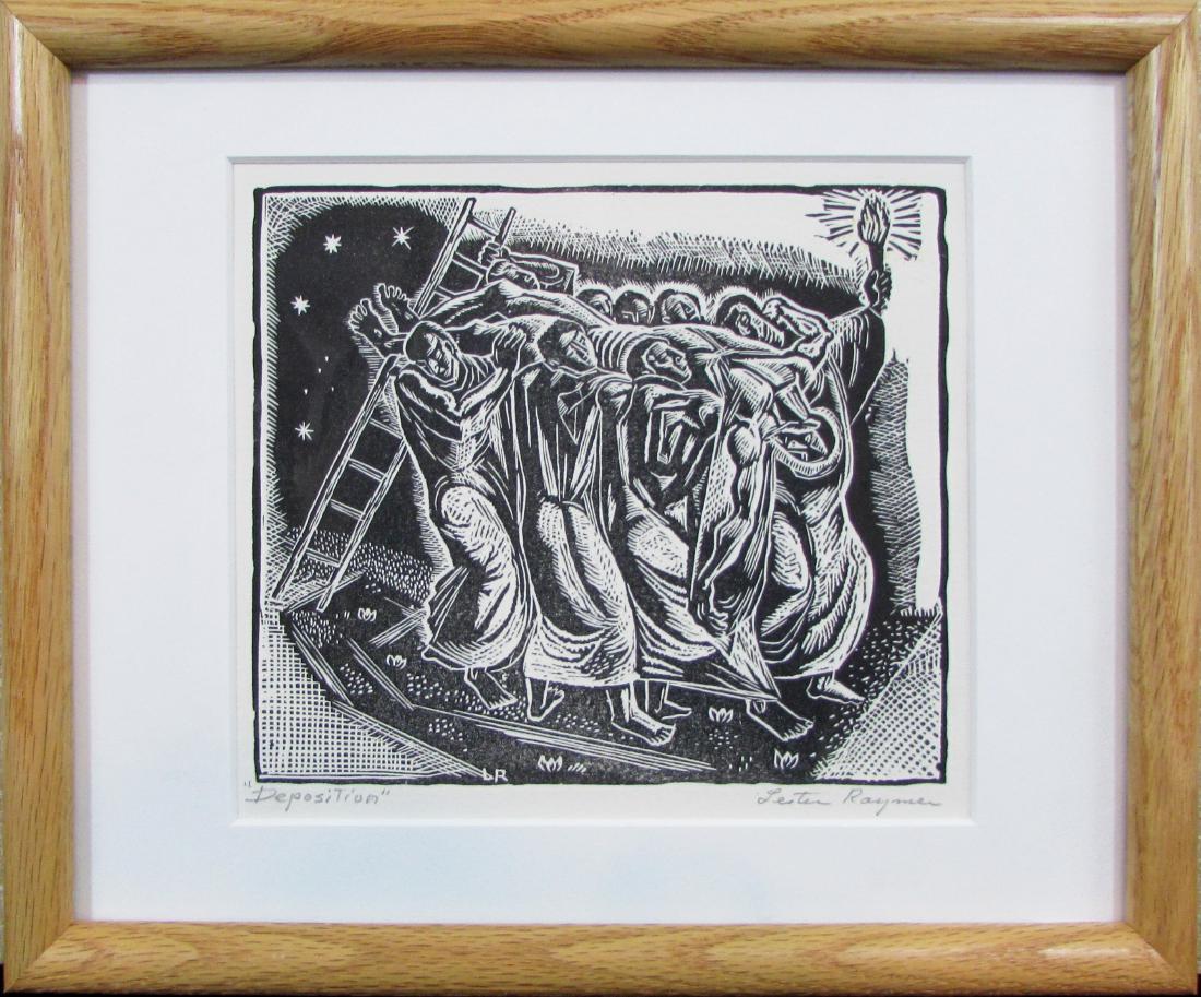 Lester Raymer, linocut, "The Deposition"
