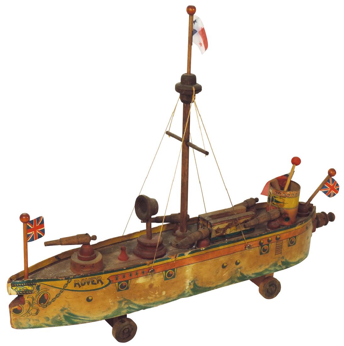 Toy Boat, Bliss Battleship Pull Toy, "rover", Litho On