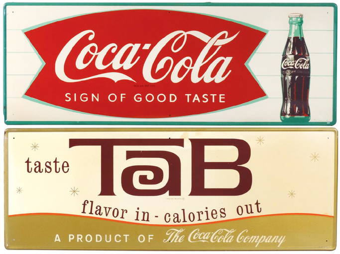 Coca Cola & Tab Signs (2), Fishtail W/bottle,