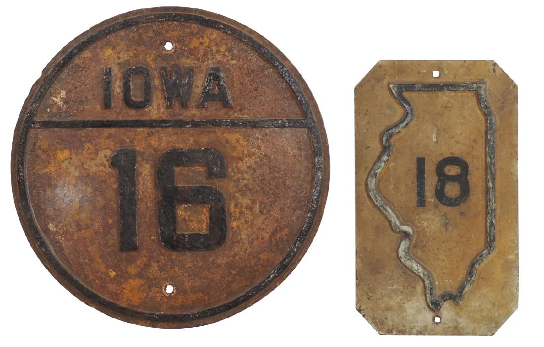 Highway road signs (2), Iowa State Highway 16, embossed