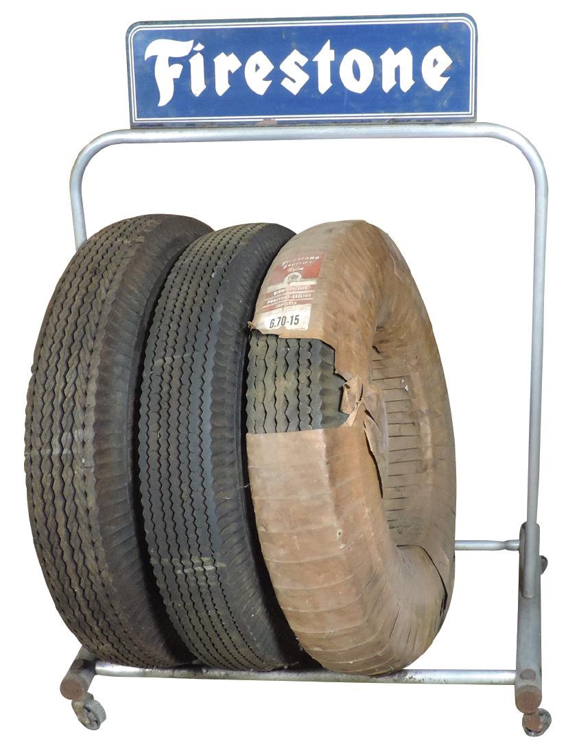 Tire display rack, Firestone, DST w/3 NOS Firestone