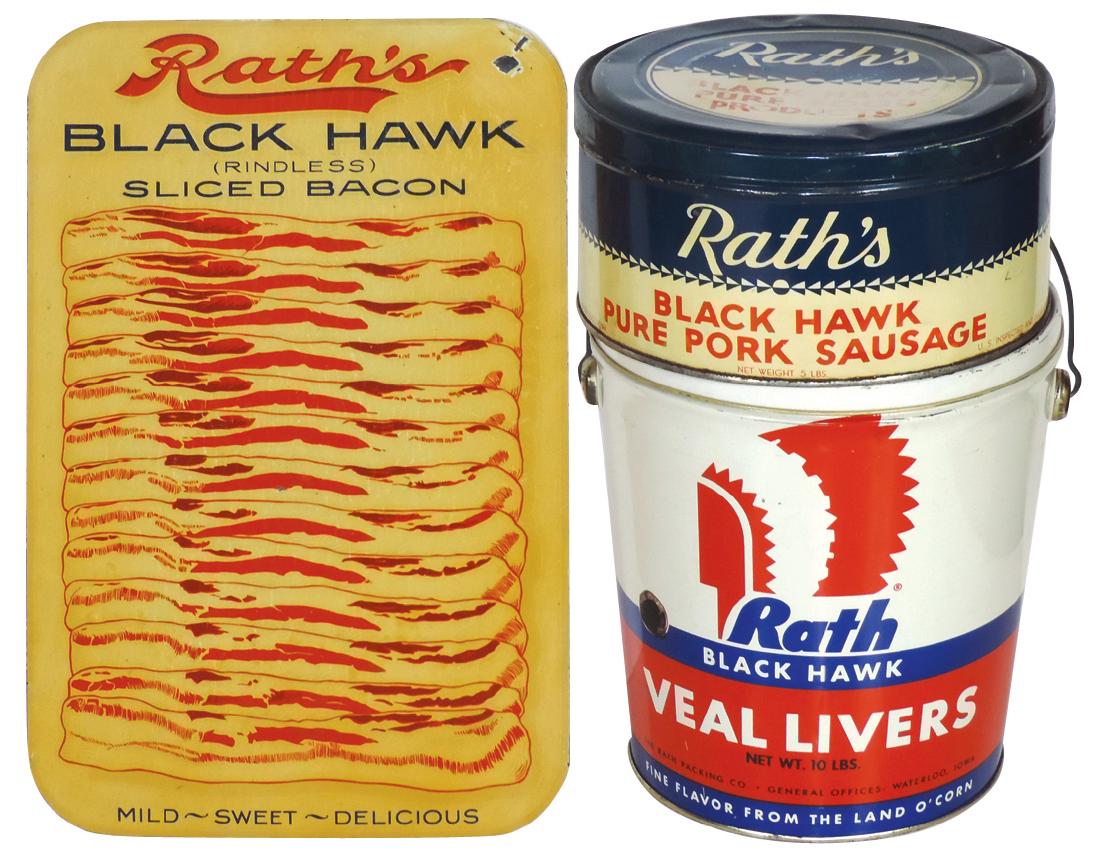 Rath Packing Co. sign, pail & tin (3), Black Hawk