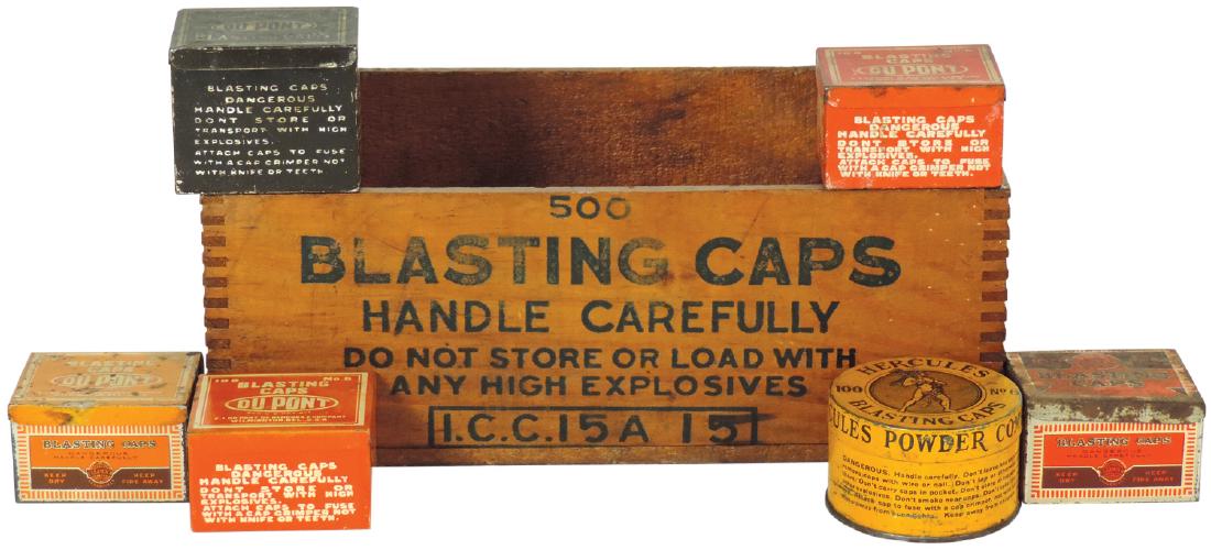 Ammunition, blasting caps, tins & box (7), DuPont,